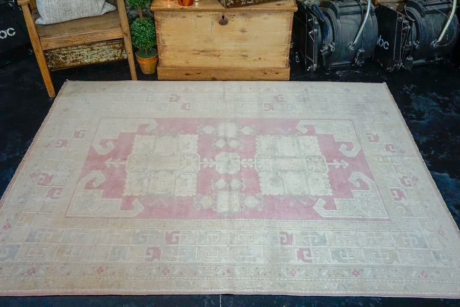 5’2” x 6’9 Vintage Turkish Milas Carpet Pink, Baby Blue and Cream ...